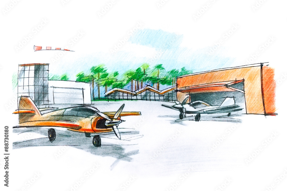 sketch of an airfield for small aircraft with planes and hangar Stock ...