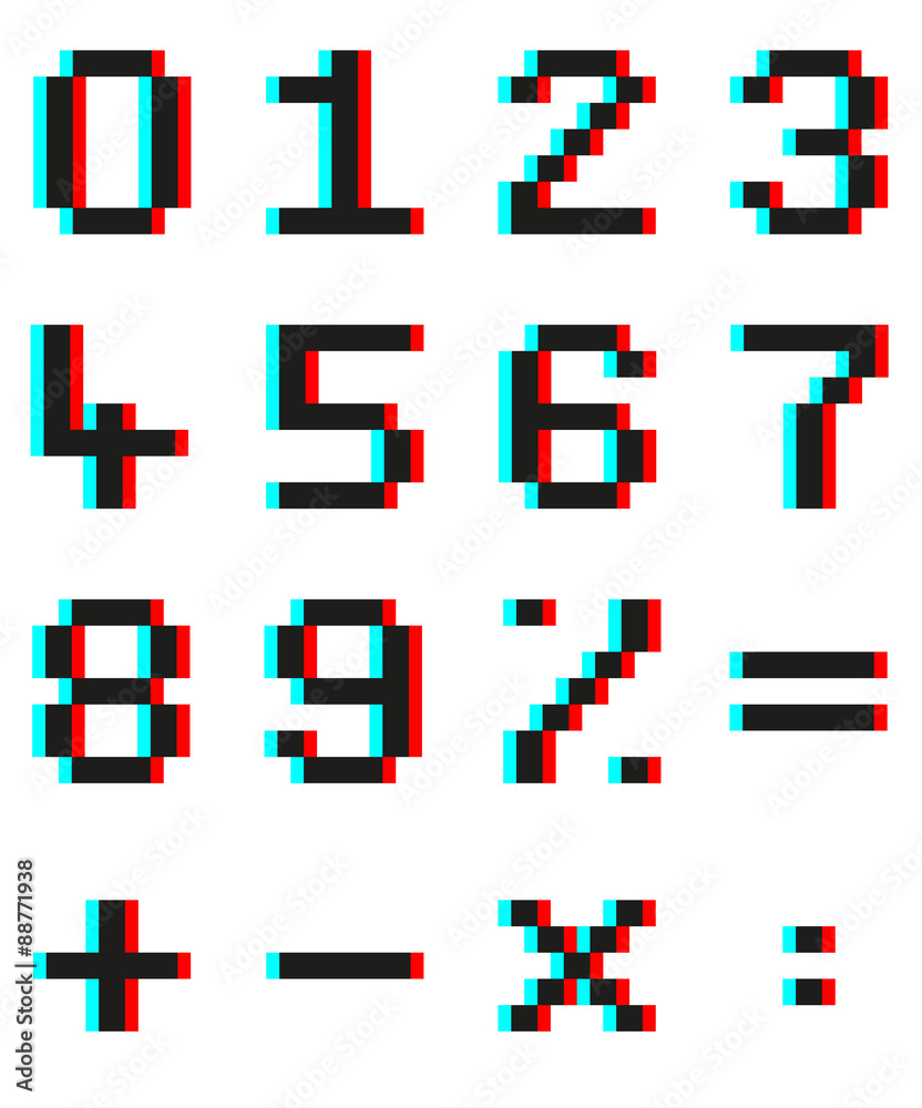 Pixel numbers and mathematical signs with Anaglyph 3d effect Stock ...