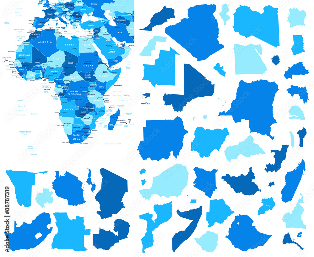 Vector illustration of Africa map and country contours. Stock Vector ...