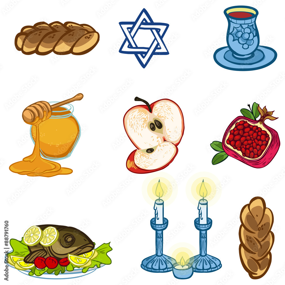 Symbols of Rosh Hashanah (Jewish New year). vector illustration Stock ...