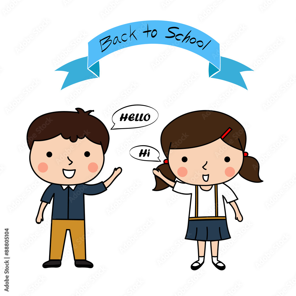 boy and girl greet say hello , back to school Stock Illustration ...