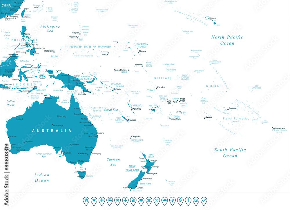 Australia and Oceania - map and navigation labels - illustration. Image ...