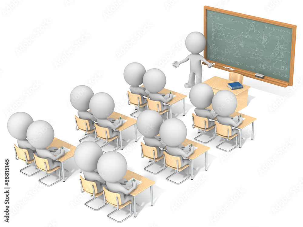 Classroom. Dude 3D characters X13 in classroom. Chalkboard with sample ...