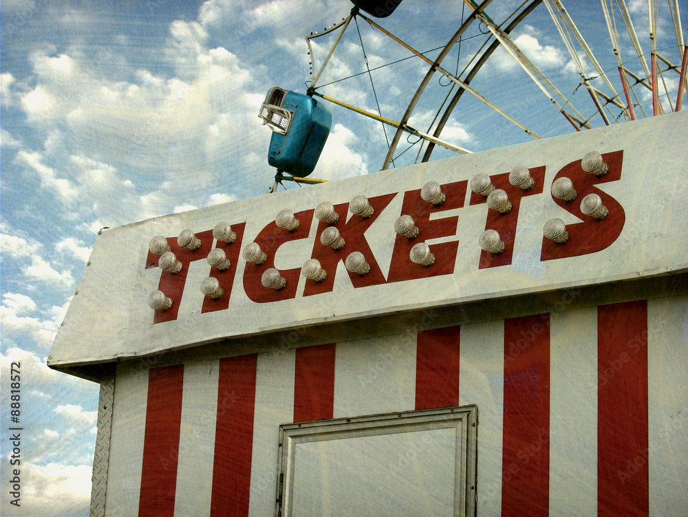 aged and worn vintage photo of carnival ride and ticket booth Stock ...