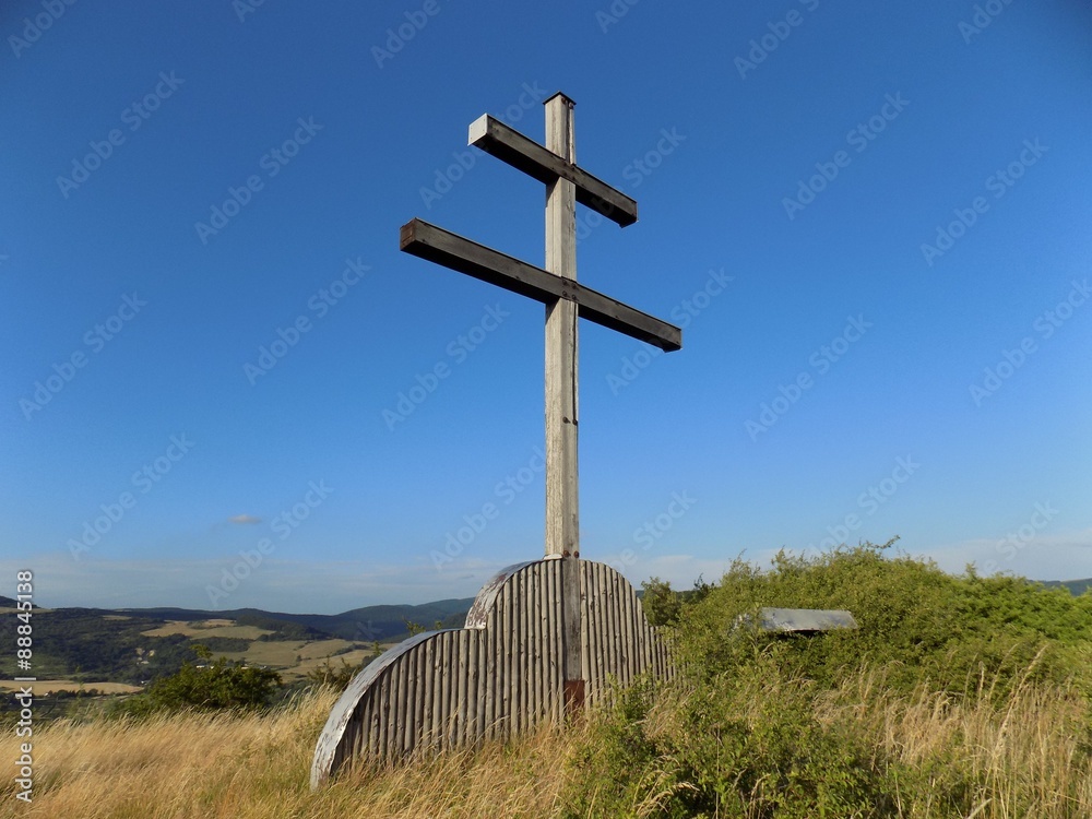 Wood double cross (Slovak national symbol) on meadow Stock Photo ...