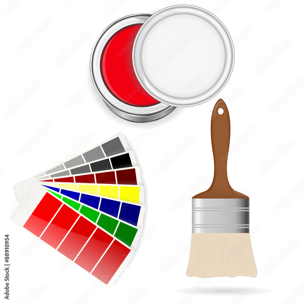 Red paint bucket with brush and color palette Stock Vector | Adobe Stock