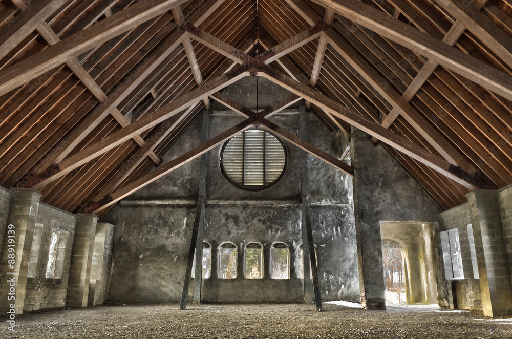 Wide angle interior of old stone church with wood beams. Stock Photo ...
