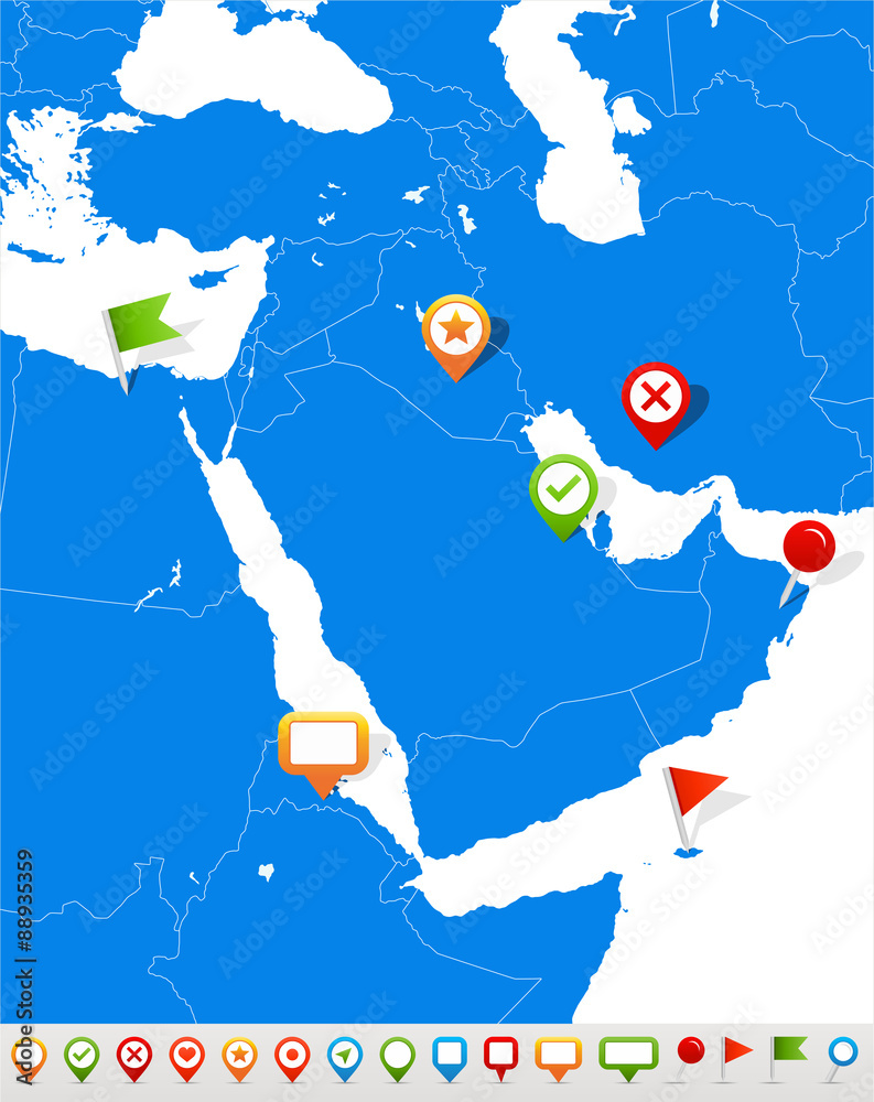 Vector illustration of Middle East and Asia map and navigation icons ...