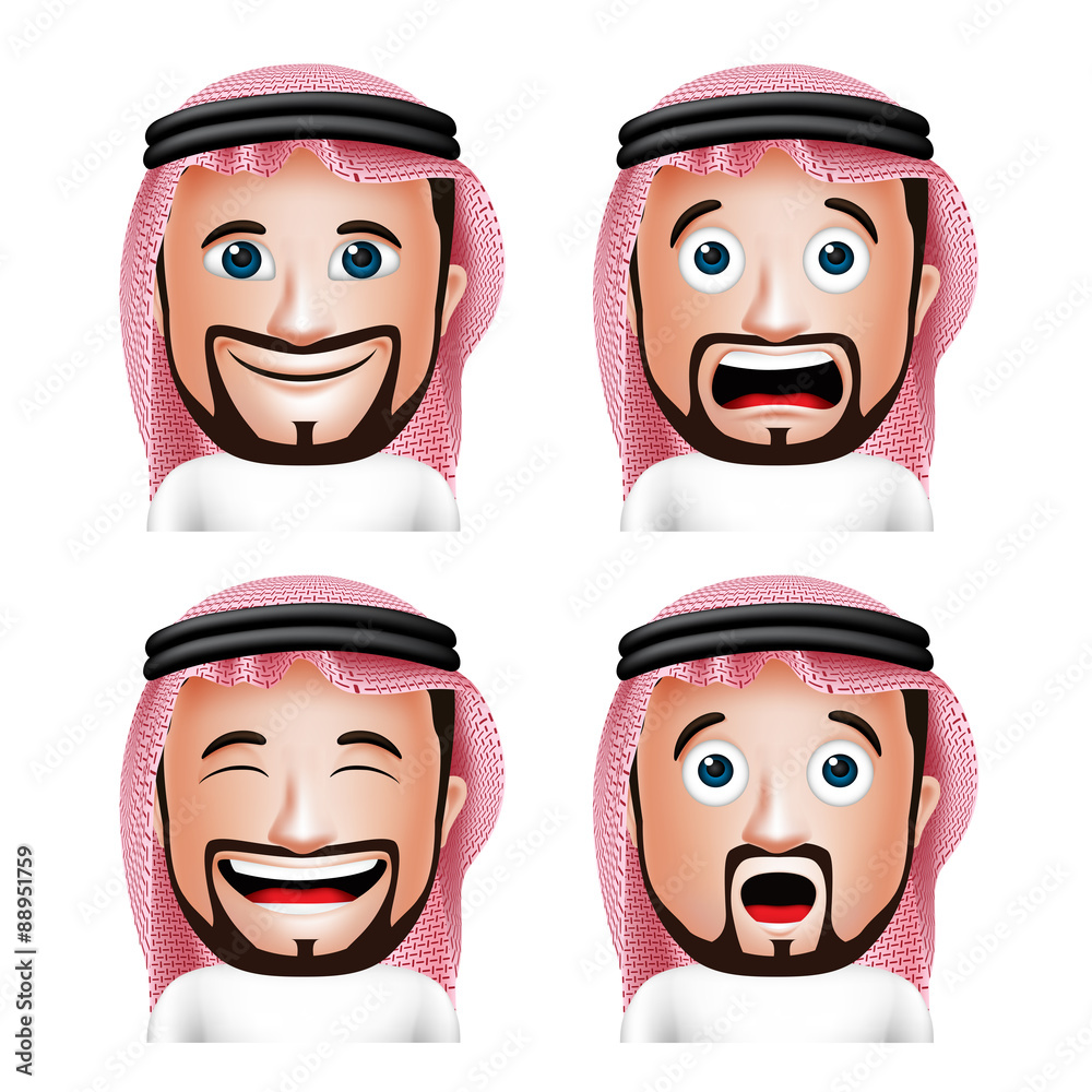 Set of 3D Realistic Saudi Arab Man Head with Different Facial ...