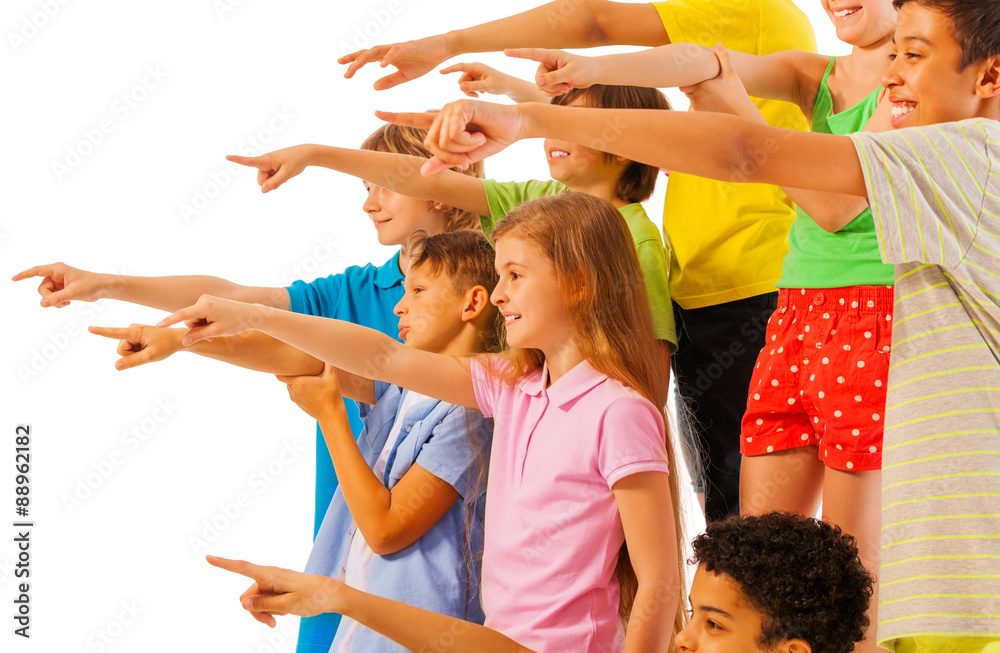 Large group of kids pointing finger side view Stock Photo | Adobe Stock