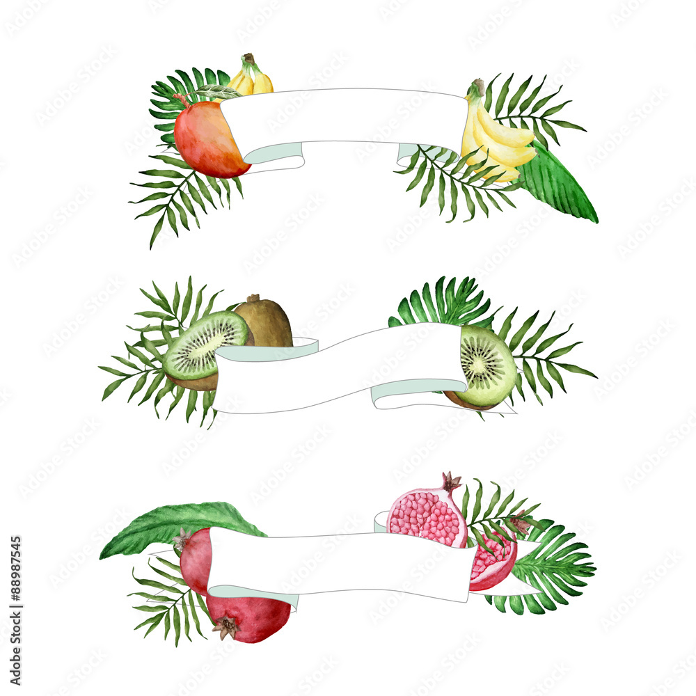 Vector light ribbon banners with watercolor hand drawn tropical fruits ...