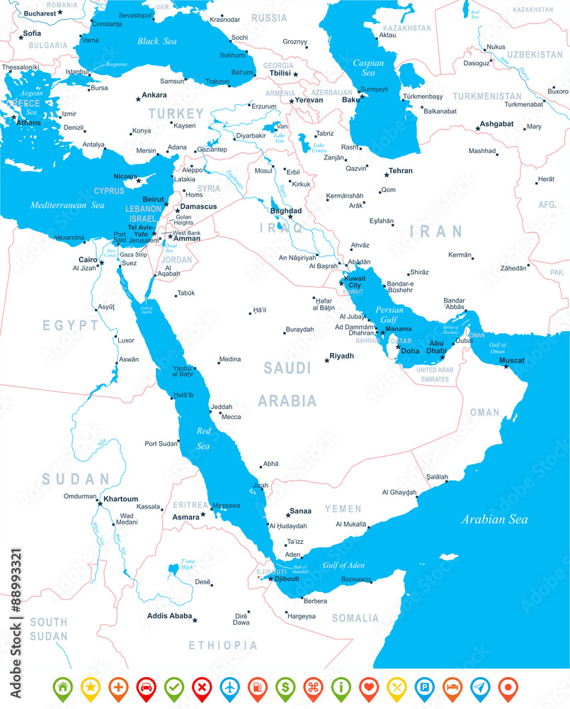 Middle East and Asia map - highly detailed vector illustration.Middle ...