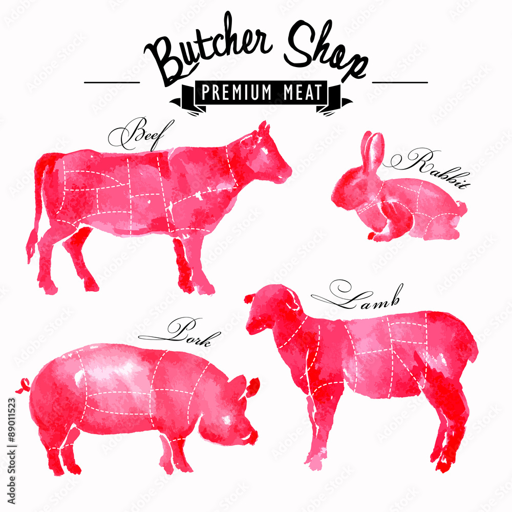 Meat symbols set pork, beef, lamb, rabbit, hand-drawing Stock Vector ...