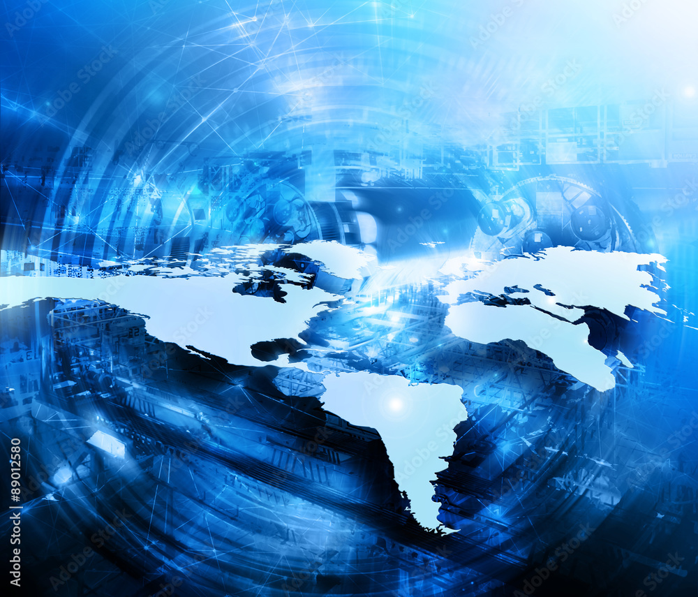 World map on a technological background, bright lines and rays, symbols ...
