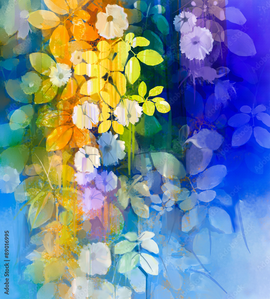 Watercolor painting white flowers and soft green leaves. Blue color ...