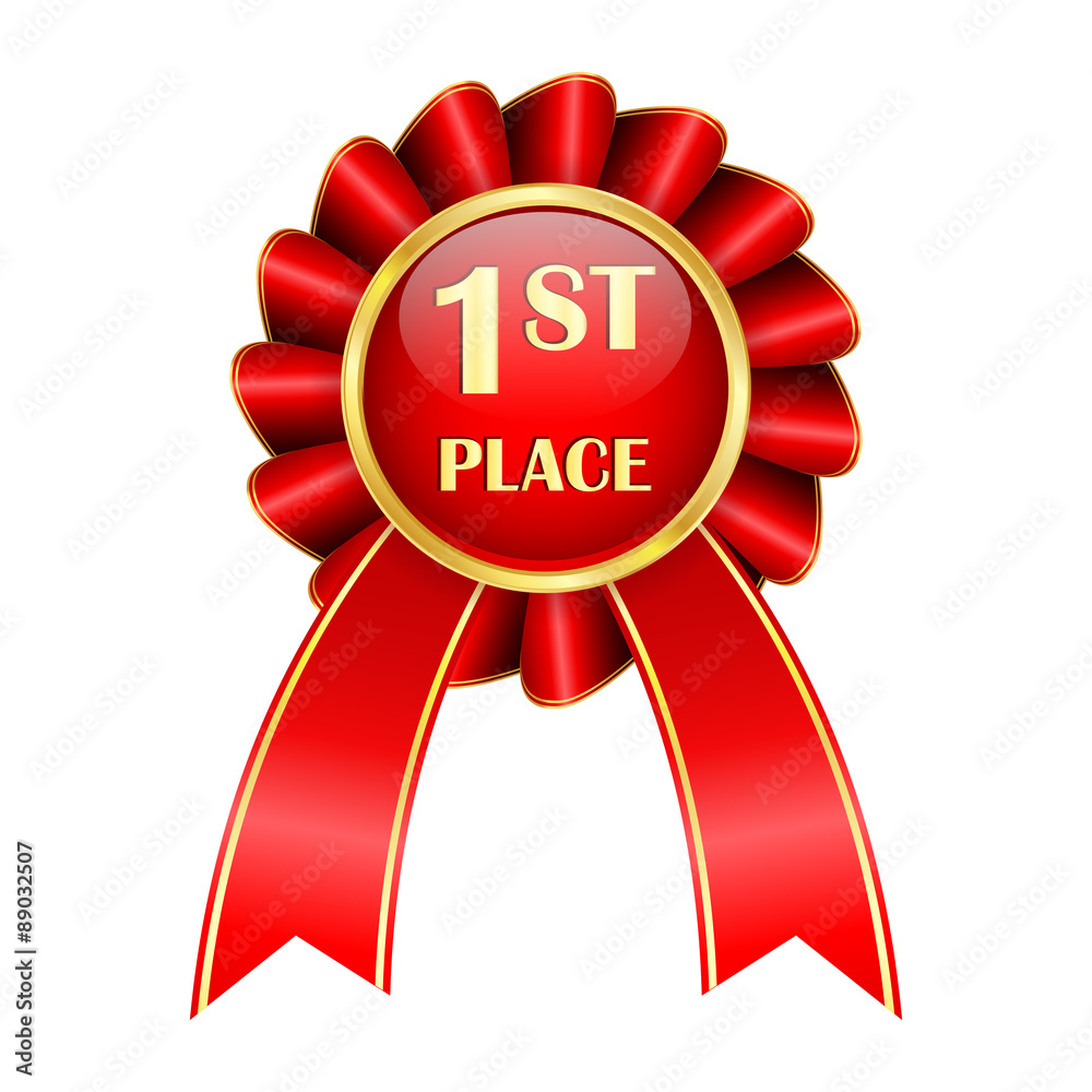 FIRST PLACE award badge with red ribbon and golden frame Stock Vector ...