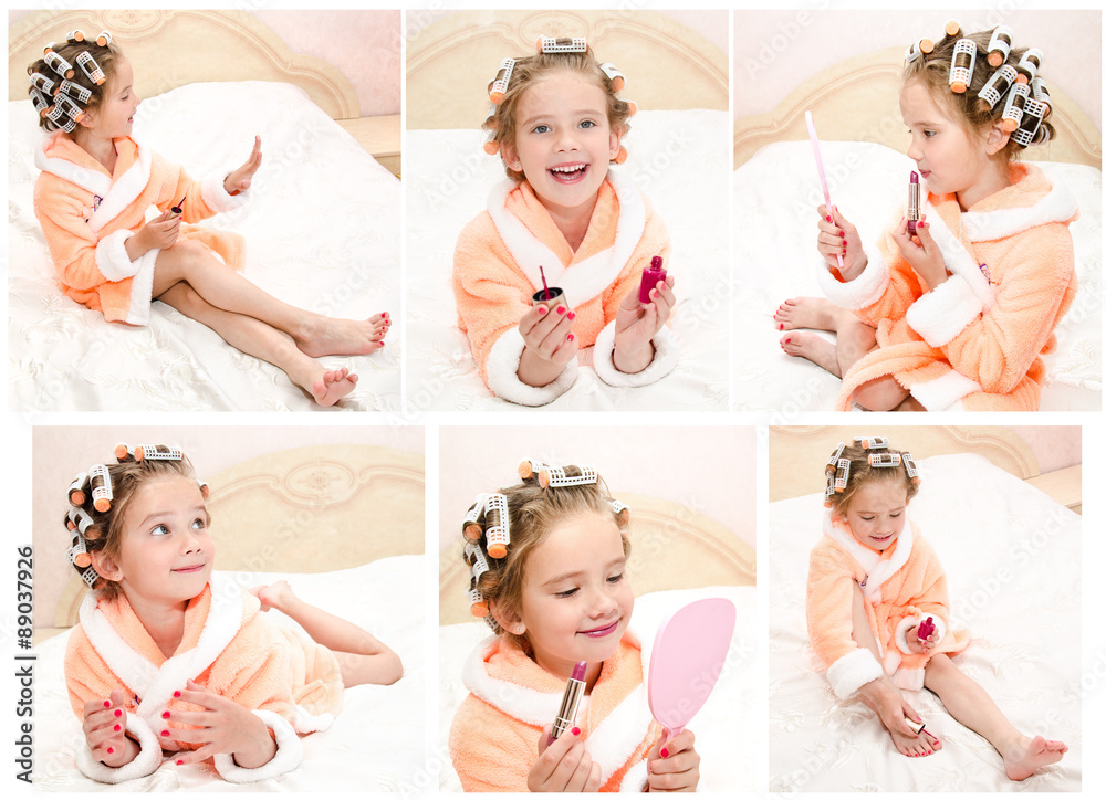 Collection of photos funny little girl polishing her nails Stock Photo ...