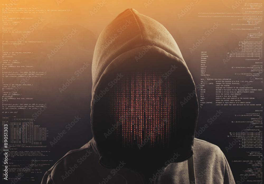 hacker at work with graphic user interface around Stock Photo | Adobe Stock