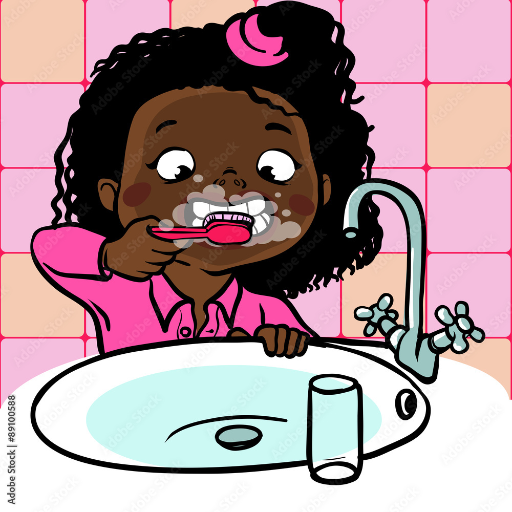 funny cartoon girl brushing her teeth. vector illustration Stock Vector ...