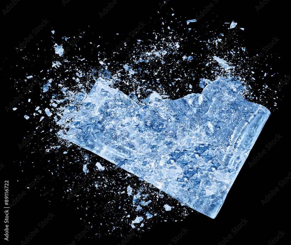 Abstract blue Ice crash explosion parts on black background. Collision ...