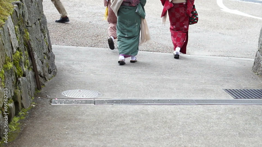 Japanese Girls Wear Kimono Parasol And Geta Japan Sandal Footwear Stock