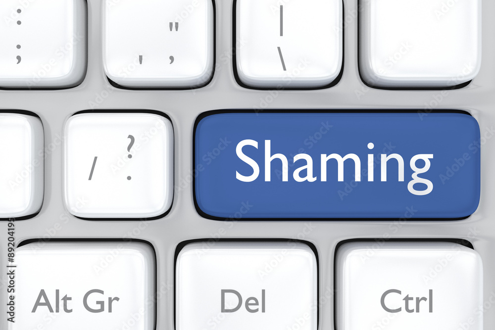 3D render illustration of social media shaming button on a keyboard ...