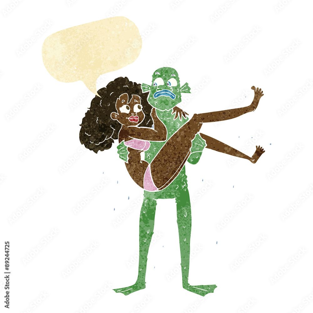 cartoon swamp monster carrying woman in bikini with speech bubbl Stock ...