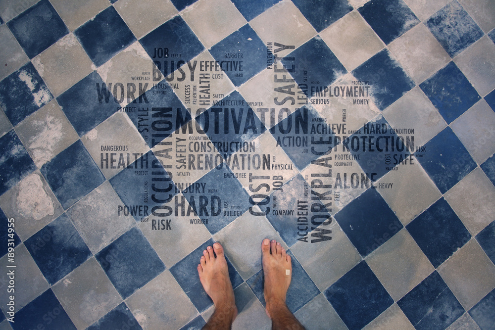 Conceptual renovation hard work background. Close up of barefoot man's ...