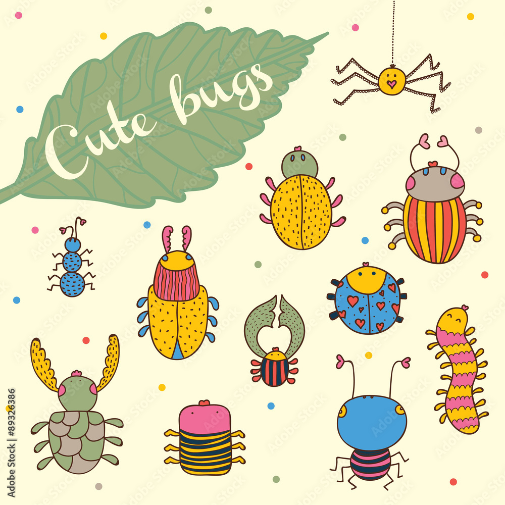 Set funny insects. Cartoon character. Isolated on white background. Аnt ...