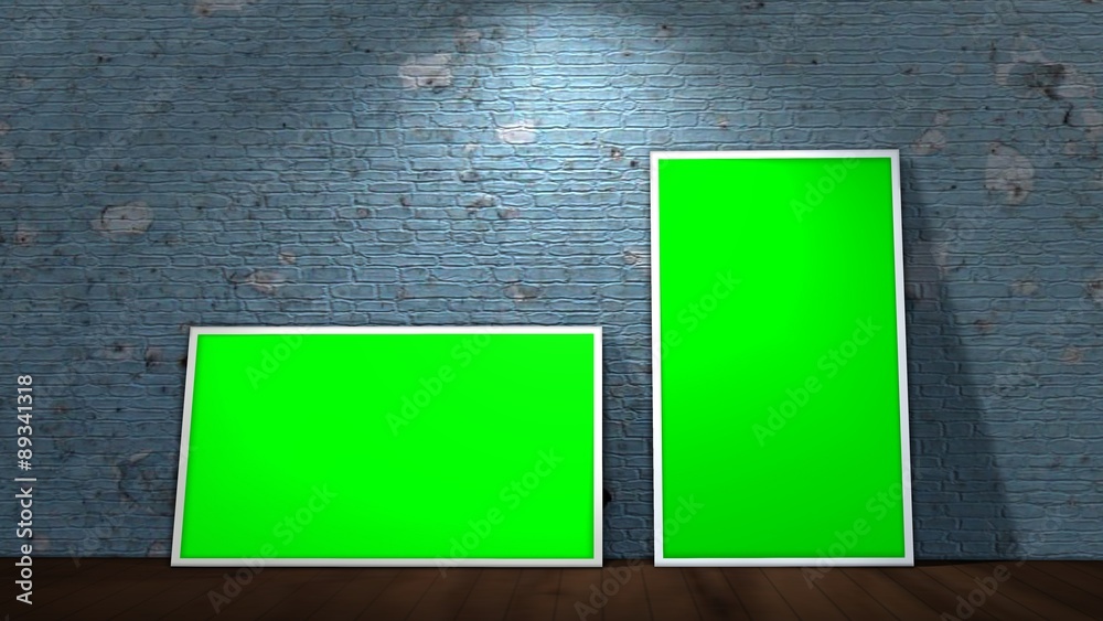 old brick wall and green screen picture frame with spotlights Stock ...