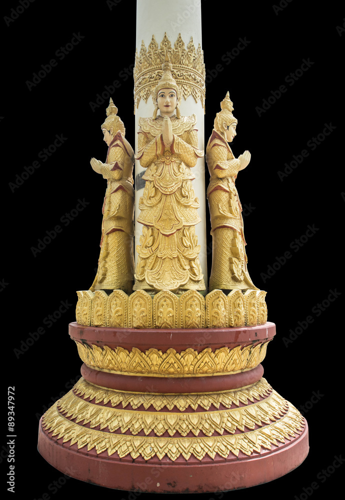 Standing deva statue at column in Temple Kyauk Taw Gyi Pagoda in Yangon ...