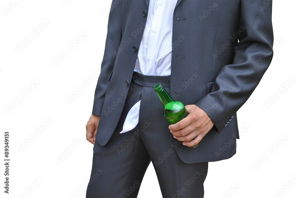 Men in dark suit forgot with green glass bottle forgot to zip up his ...