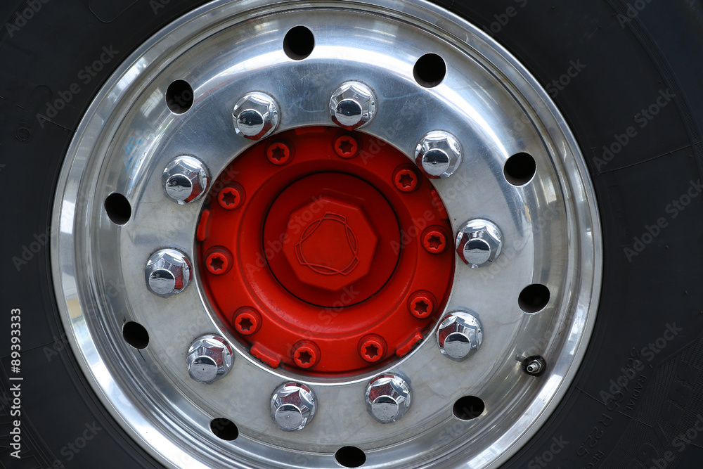 Red center wheel of a truck with chrome rim,nuts and bolts Stock Photo ...