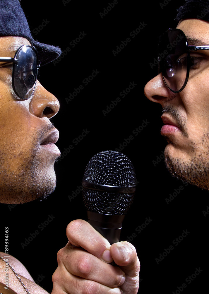 Hip hop subculture battle between two rappers with microphones Stock ...