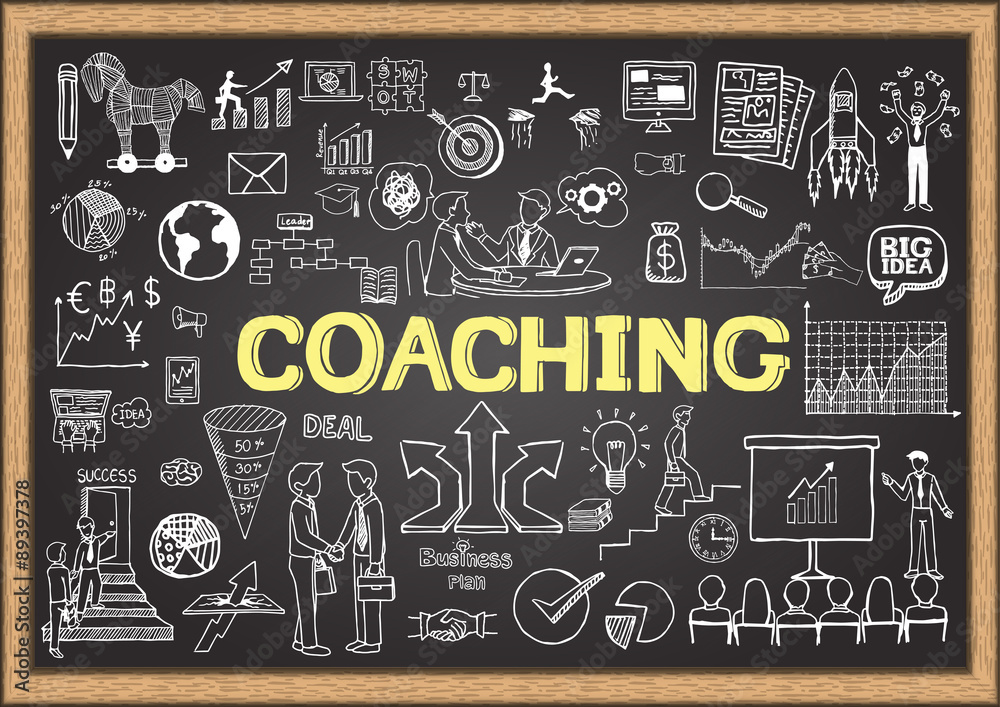 Vecteur Stock Hand drawn coaching on chalkboard. Business doodles ...
