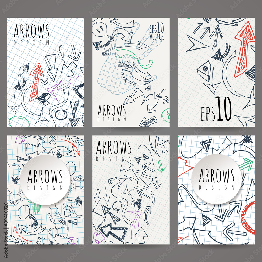 Set of six vector designs of hand-drawn arrow. Cover design, brochures ...