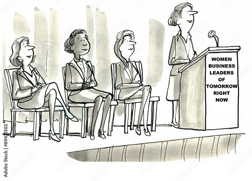 Business cartoon showing four businesswomen sitting on a stage and one ...