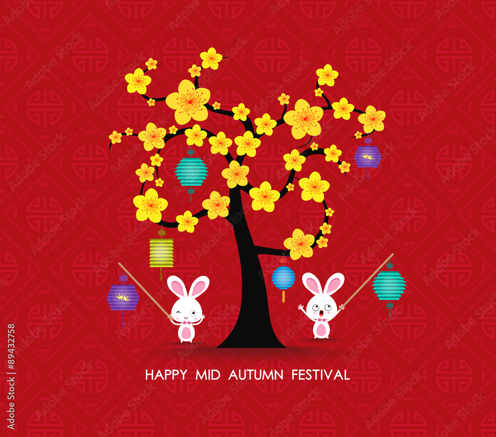 Mid autumn festival rabbit playing with lanterns. Happy greeting card ...
