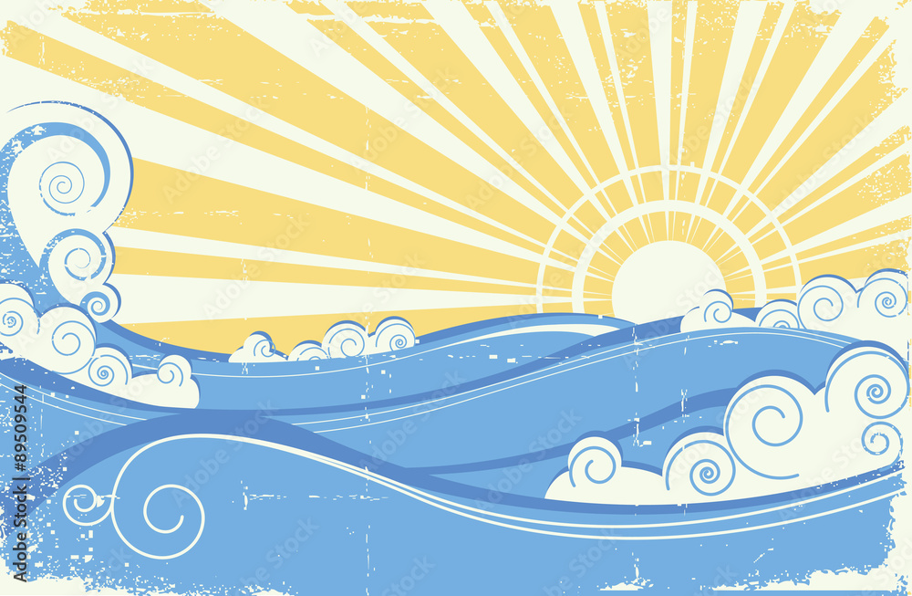 Vintage sea waves. Vector illustration of sea landscape with sun Stock ...