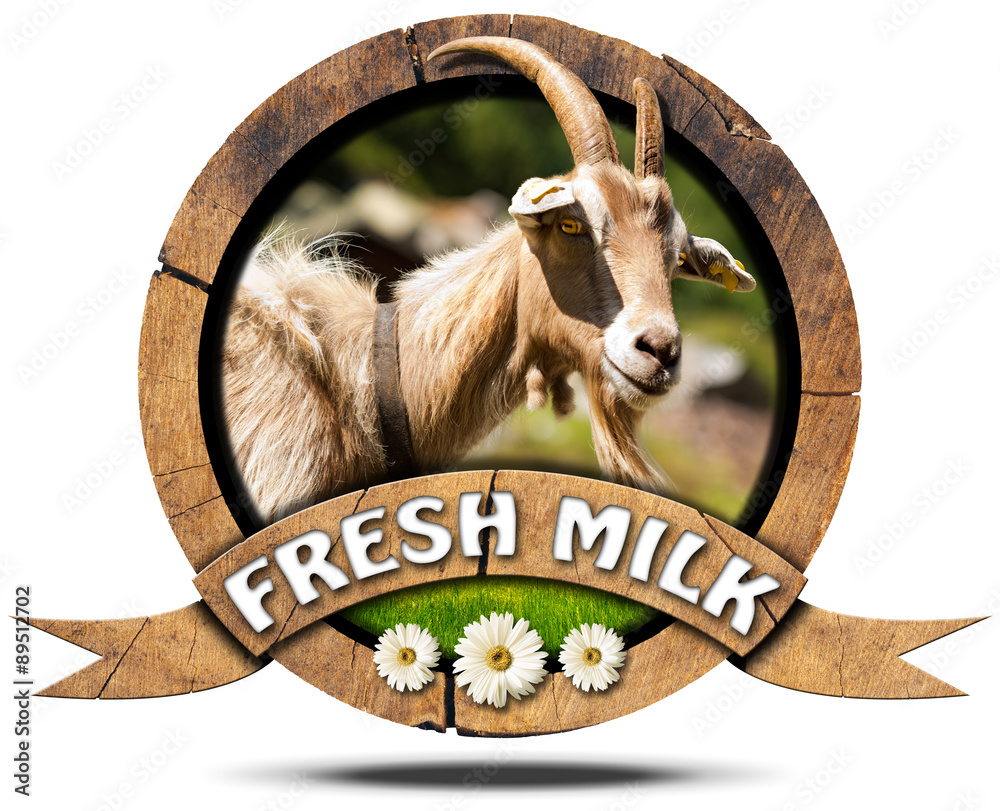 Fresh Milk - Wooden Icon with Goat / Wooden round icon or symbol with ...