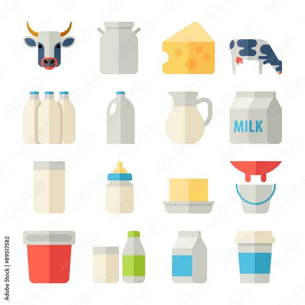 Milk icons flat set with cow butter cheese vector illustration Stock ...