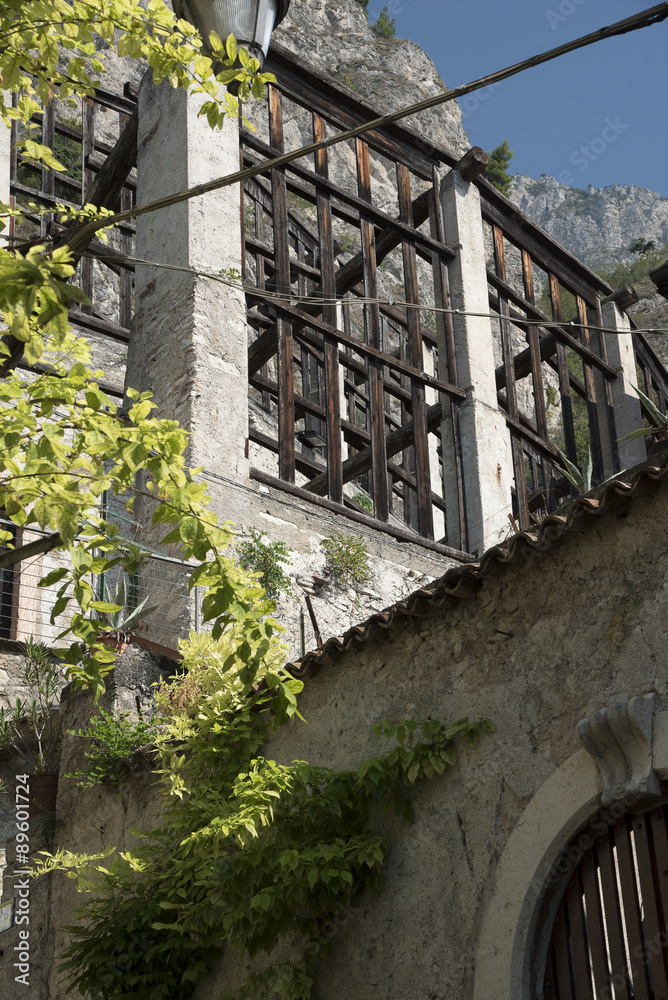 Limone sul Garda, lemon garden. Frame in wood, stone columns, arch ...