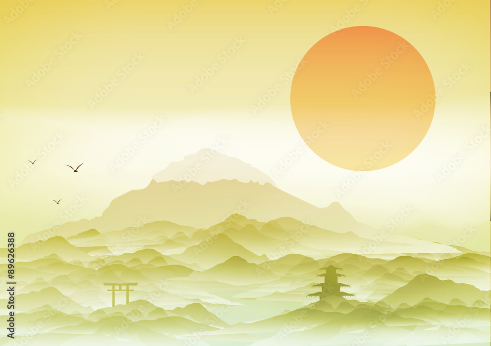 Japanese Landscape Background with Mountains - Vector Illustration ...
