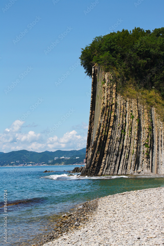 Beautiful high cliff with a forest at the top by the sea. Rock Kiselev ...