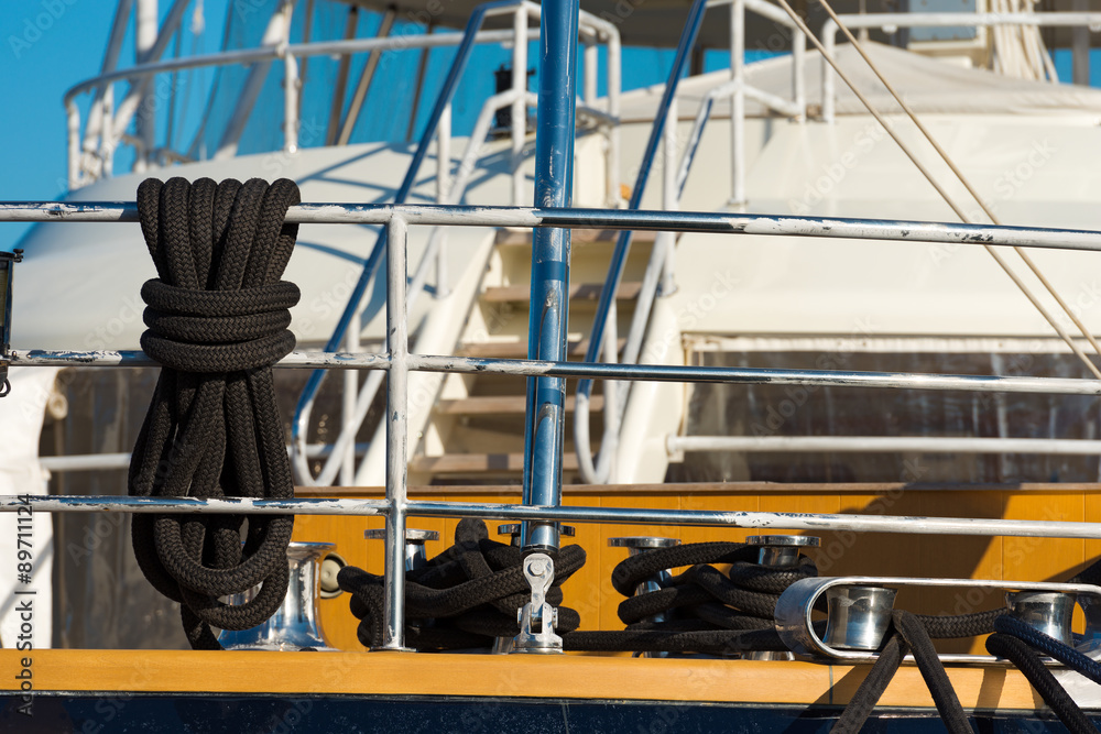 Black Ropes on Yacht for Mooring / Detail of black ropes of luxury ...