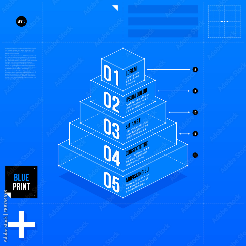 Pyramid chart template with five stages in blueprint style. EPS10 Stock ...