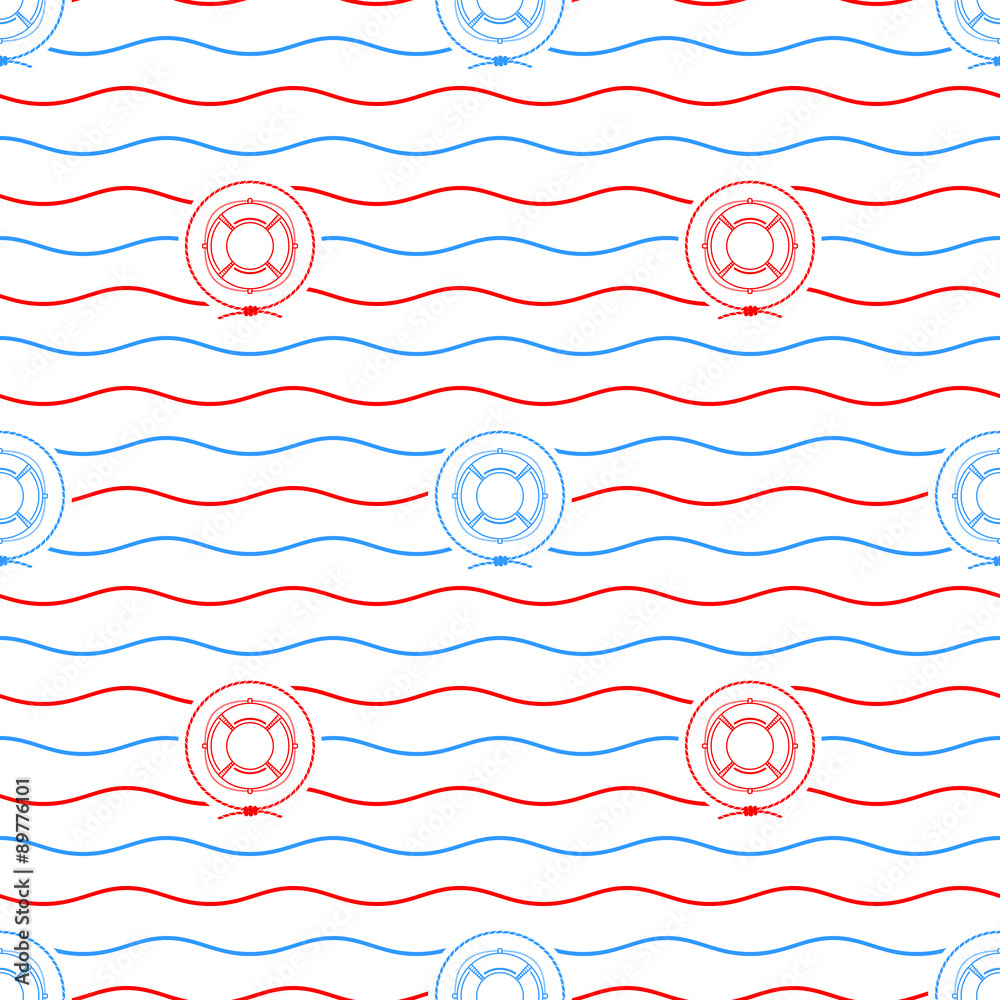 Seamless Pattern with Lifebuoy Emblem, Blue and Red Lifeline on a ...