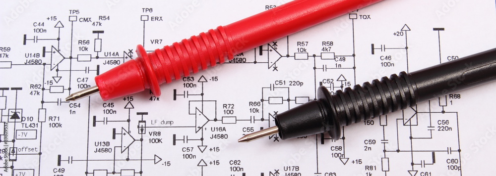 Diagram of electronics printed circuit board and cable of multimeter ...