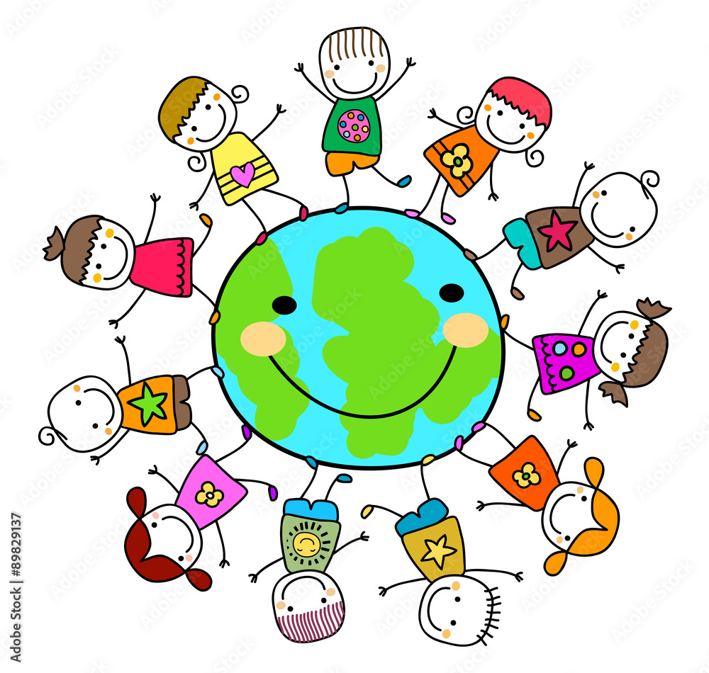 happy kids playing around the earth planet Stock Vector | Adobe Stock