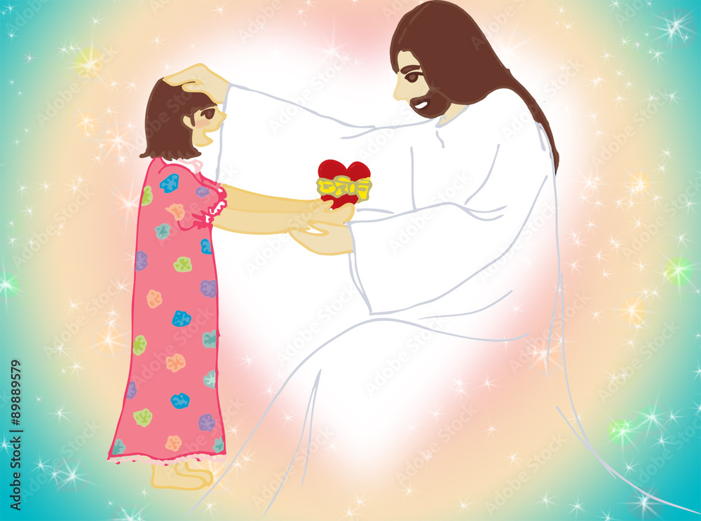 Drawing of Jesus and a little girl who give her heart for Him. Stock ...